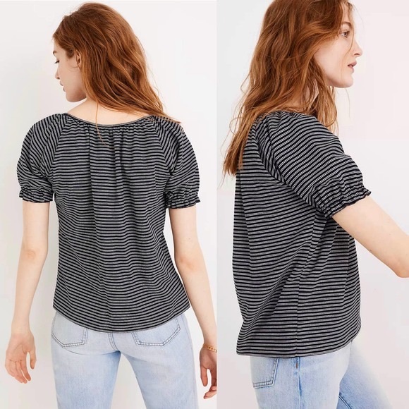 Tops | Madewell Texture Thread Navy Blue White Striped Blouse Top Size ...